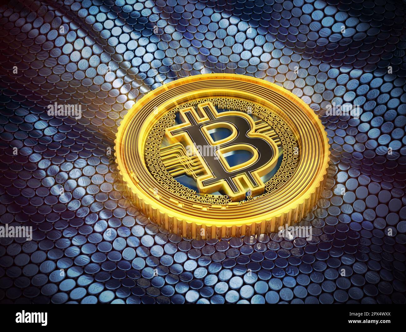Glowing generic Bitcoin standing on dark blue background. 3D ...