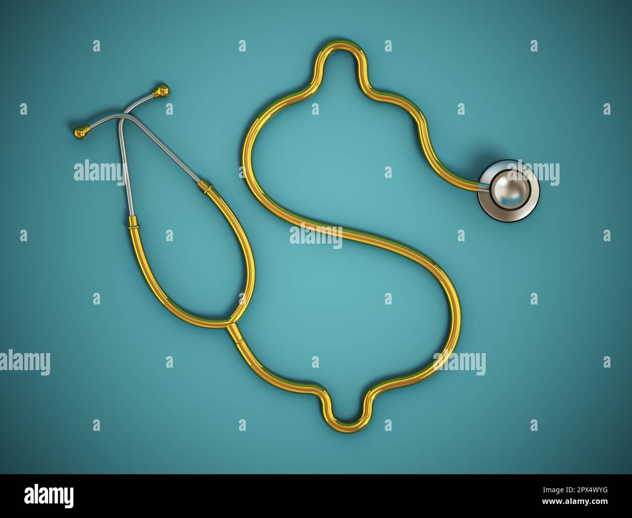 Stethoscope with Dollar symbol shaped cord on green background. Medical ...