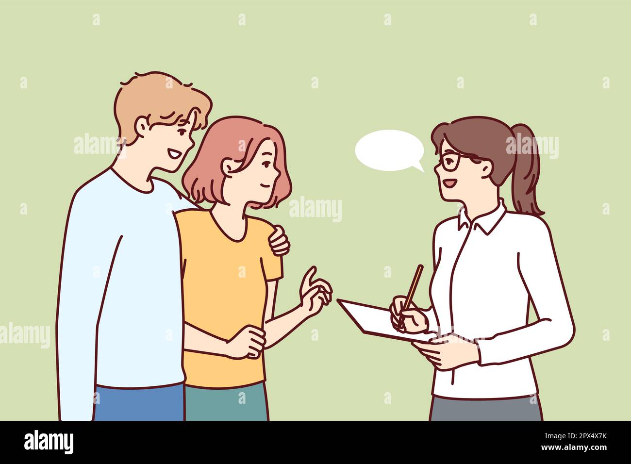 Couple takes social survey answering interviewer questions and ...