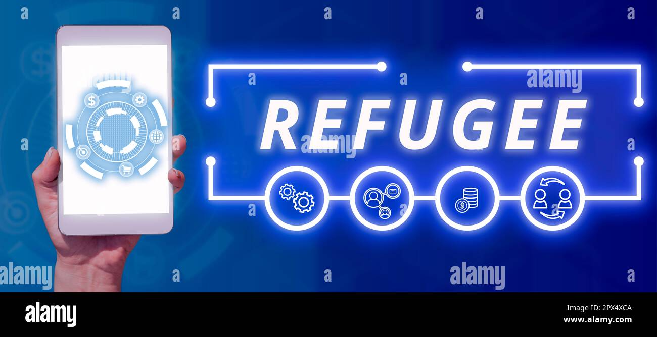 Hand writing sign Refugee, Business concept refer to movements of large ...