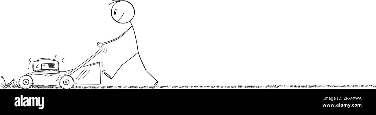Gardener Moving or Cutting Grass With Lawn Mower, Vector Cartoon Stick ...