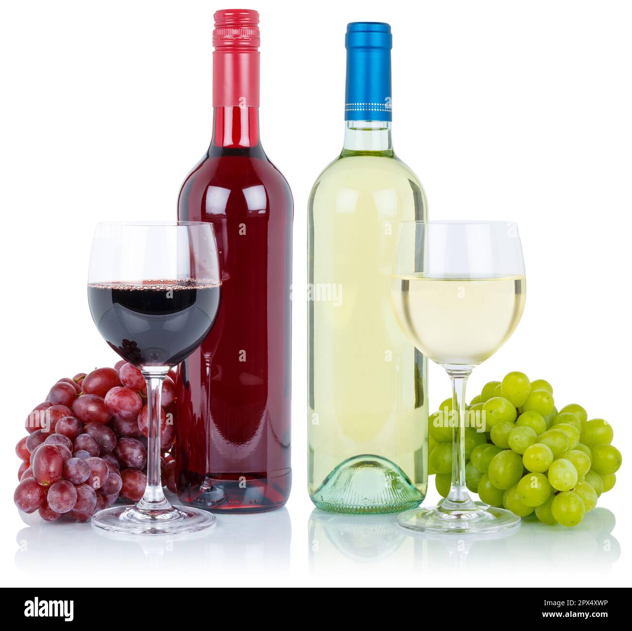 Wine tasting bottle red and white grapes isolated on a white background ...
