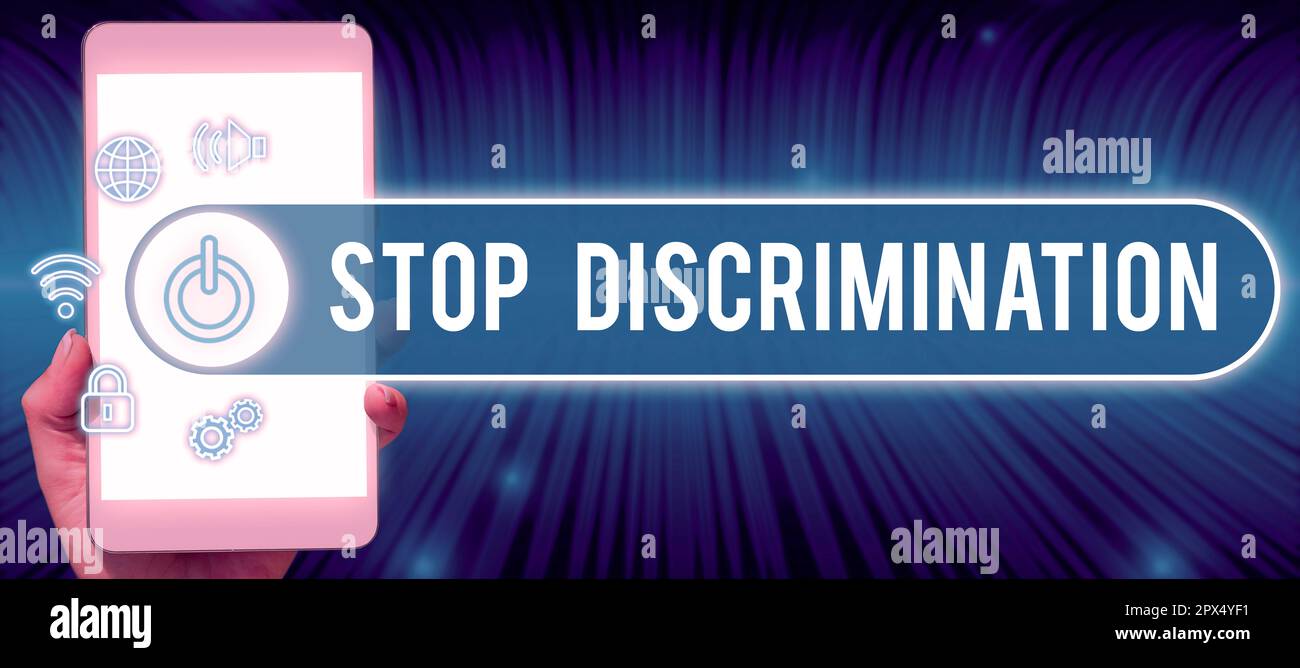 Hand writing sign Stop Discrimination, Conceptual photo Prevent Illegal ...