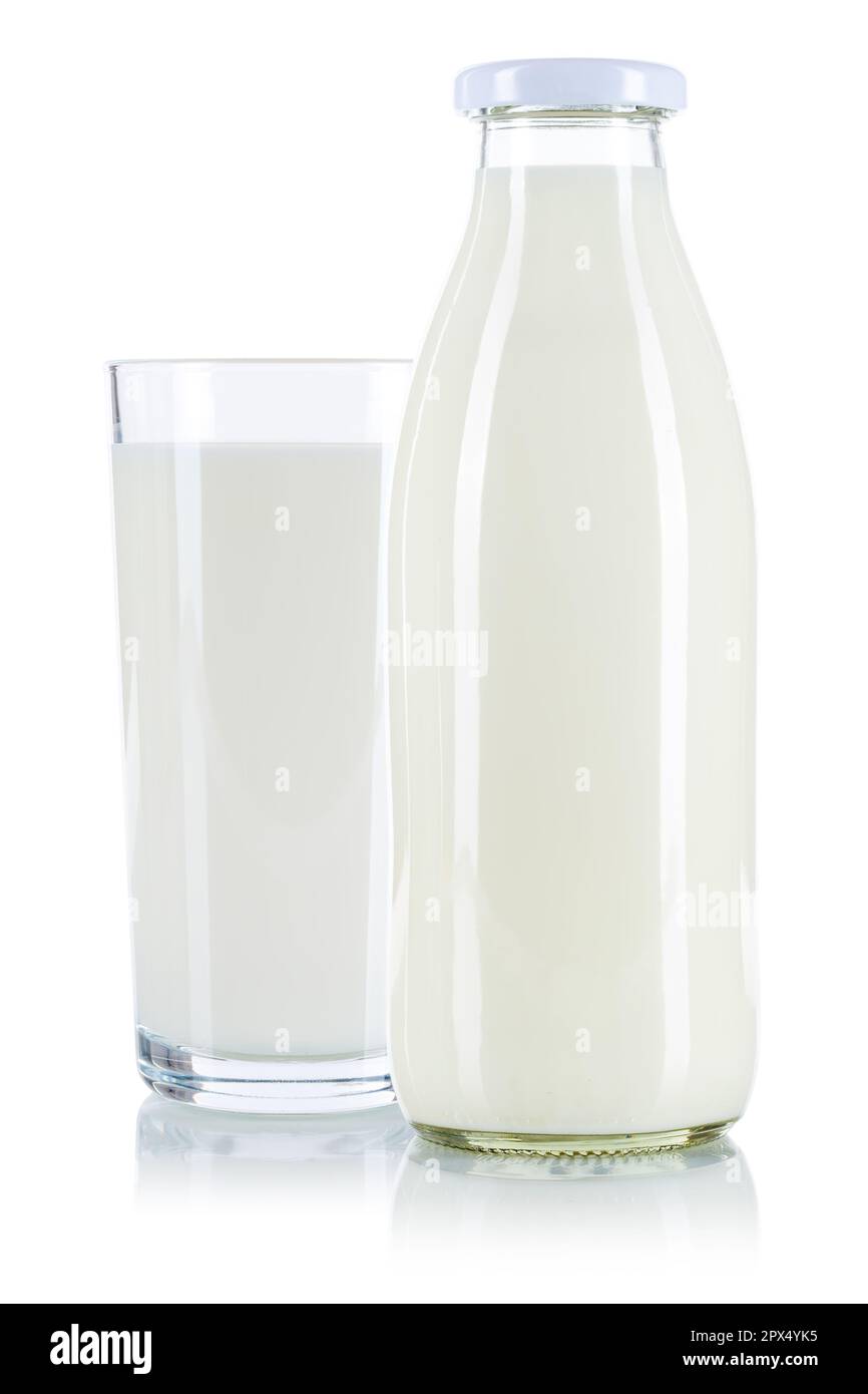 Milk glass and bottle isolated on a white background Stock Photo - Alamy