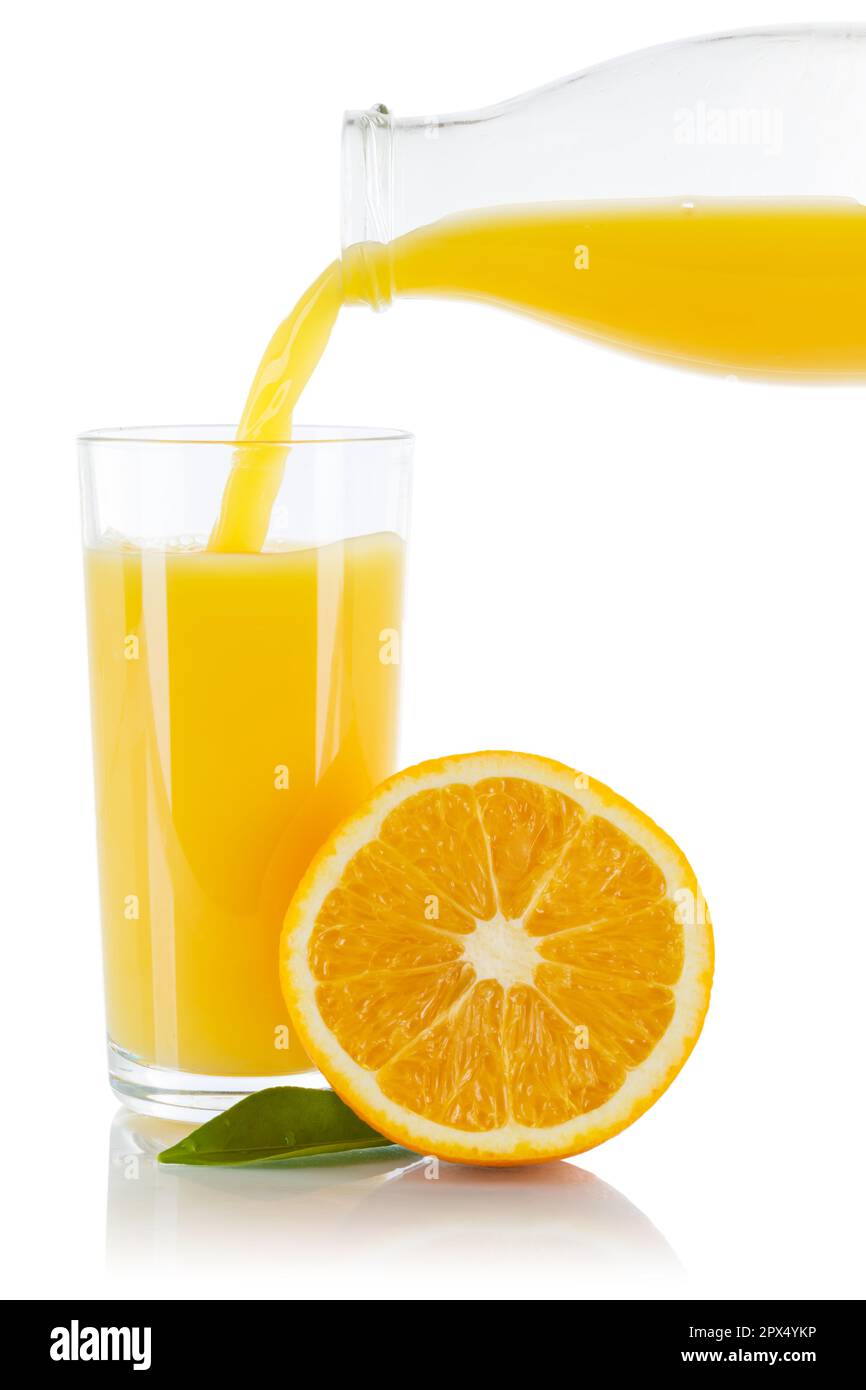 Orange juice pouring pour fruit glass bottle isolated on a white ...