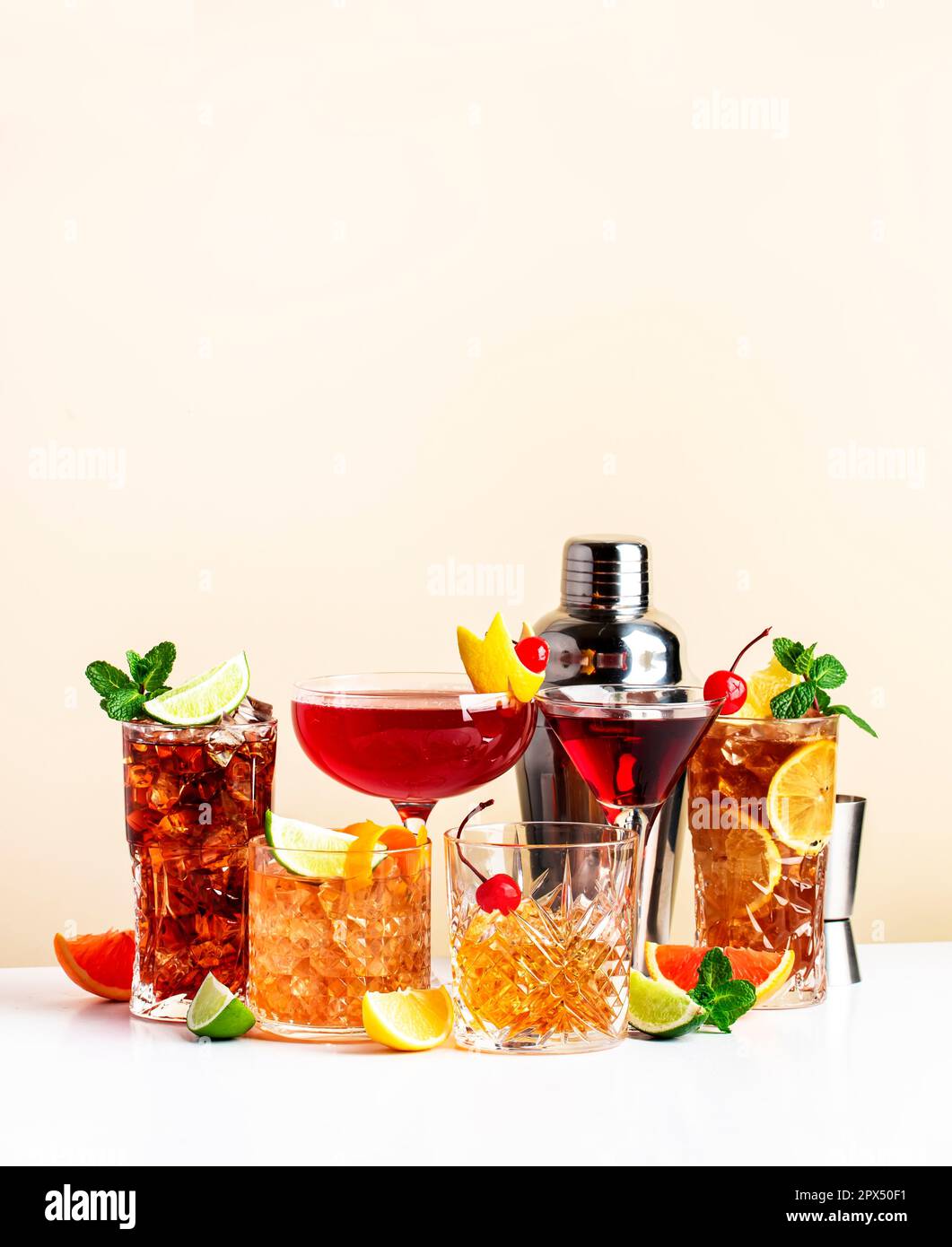 Summer cocktail drinks set: rum cola, long island ice tea, manhattan ...