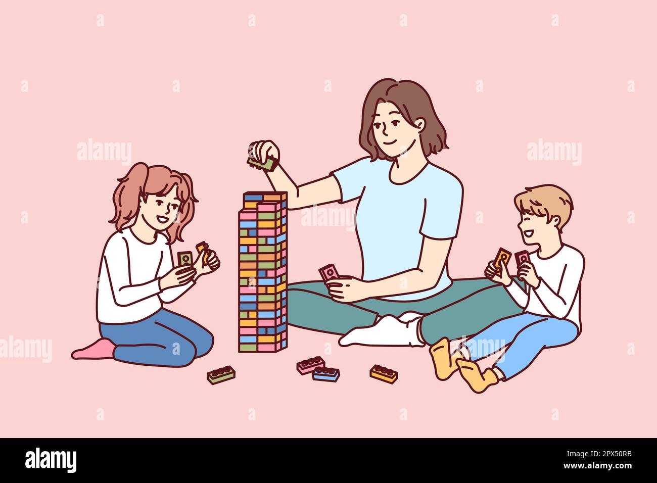 Woman babysitter together with kids plays constructor building tower of ...