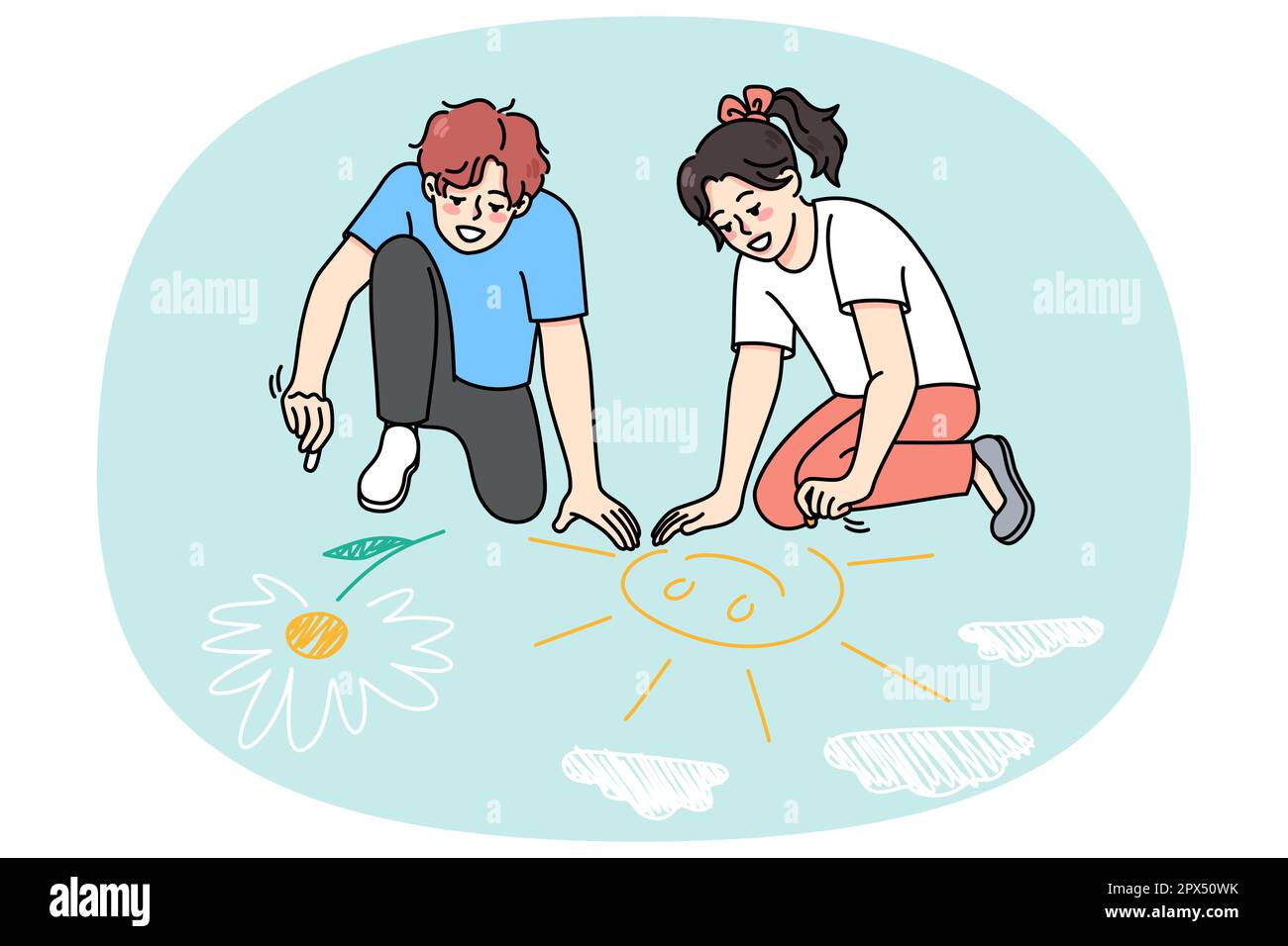 Happy teen kids have fun drawing on asphalt colorful pictures with ...