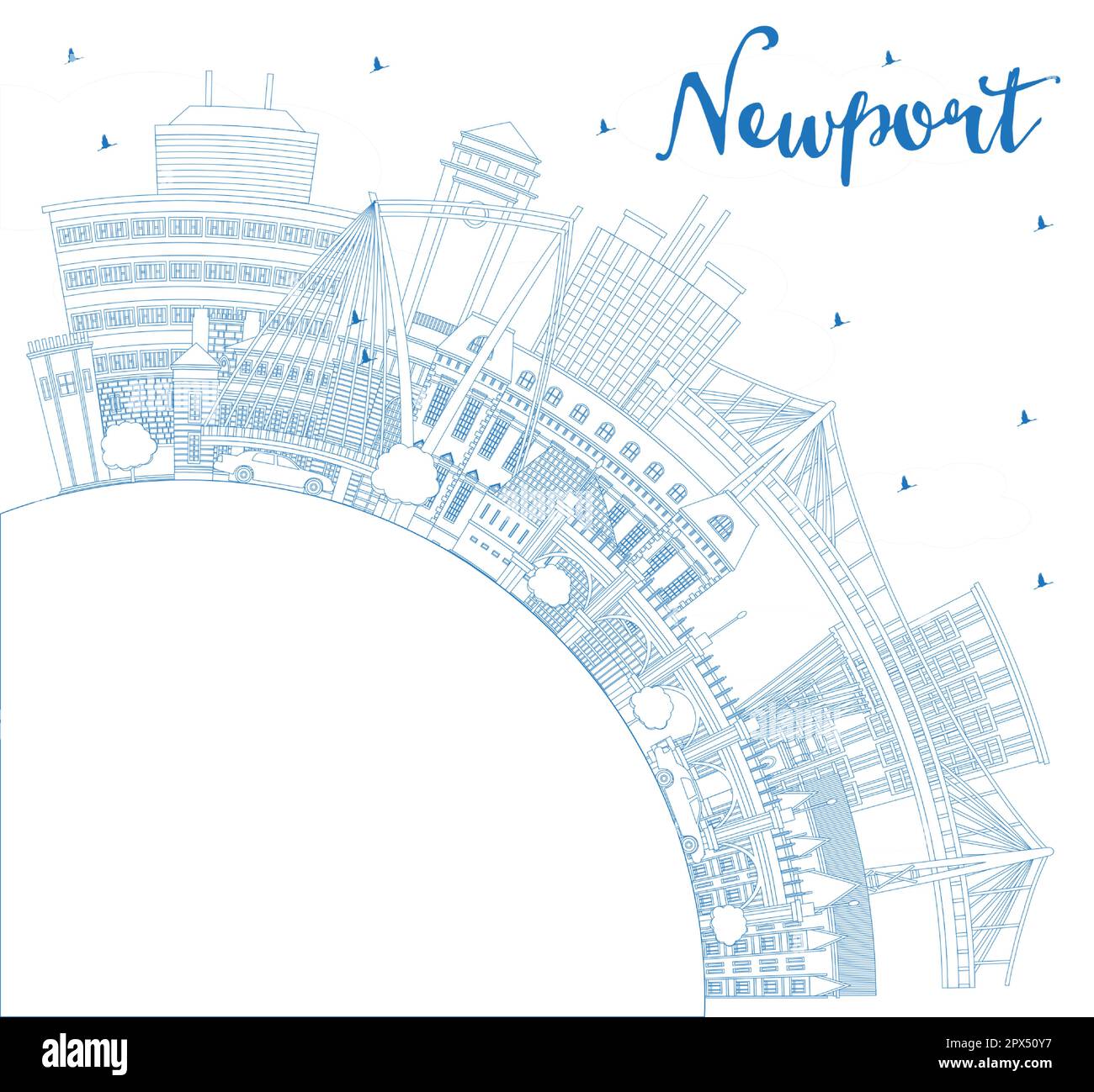 Outline Newport Wales City Skyline with Blue Buildings and Copy Space ...