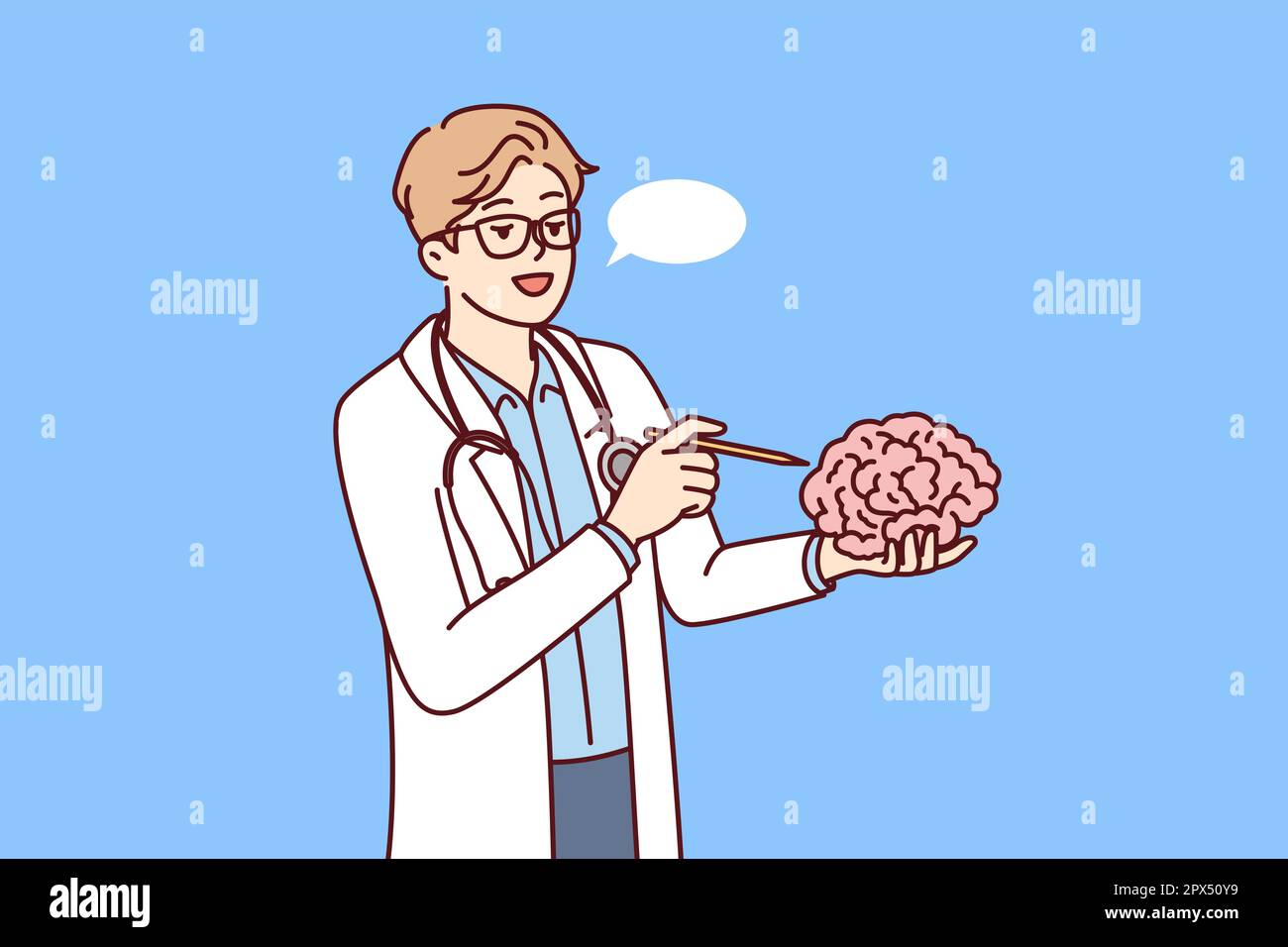 Doctor holds brain in hand explaining work of neurons to students of ...