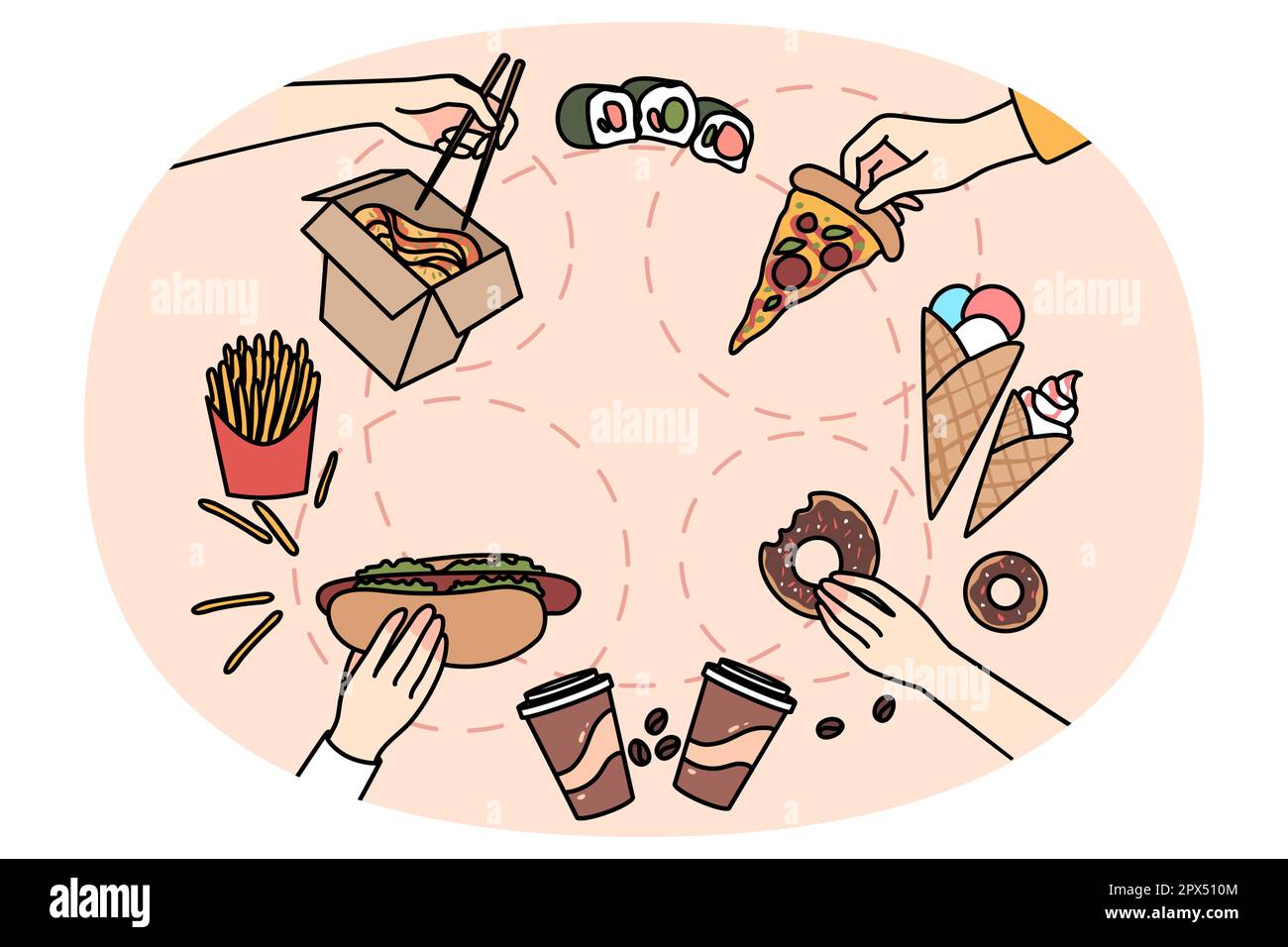 Top view of people eating various kinds of fast food. Person having ...