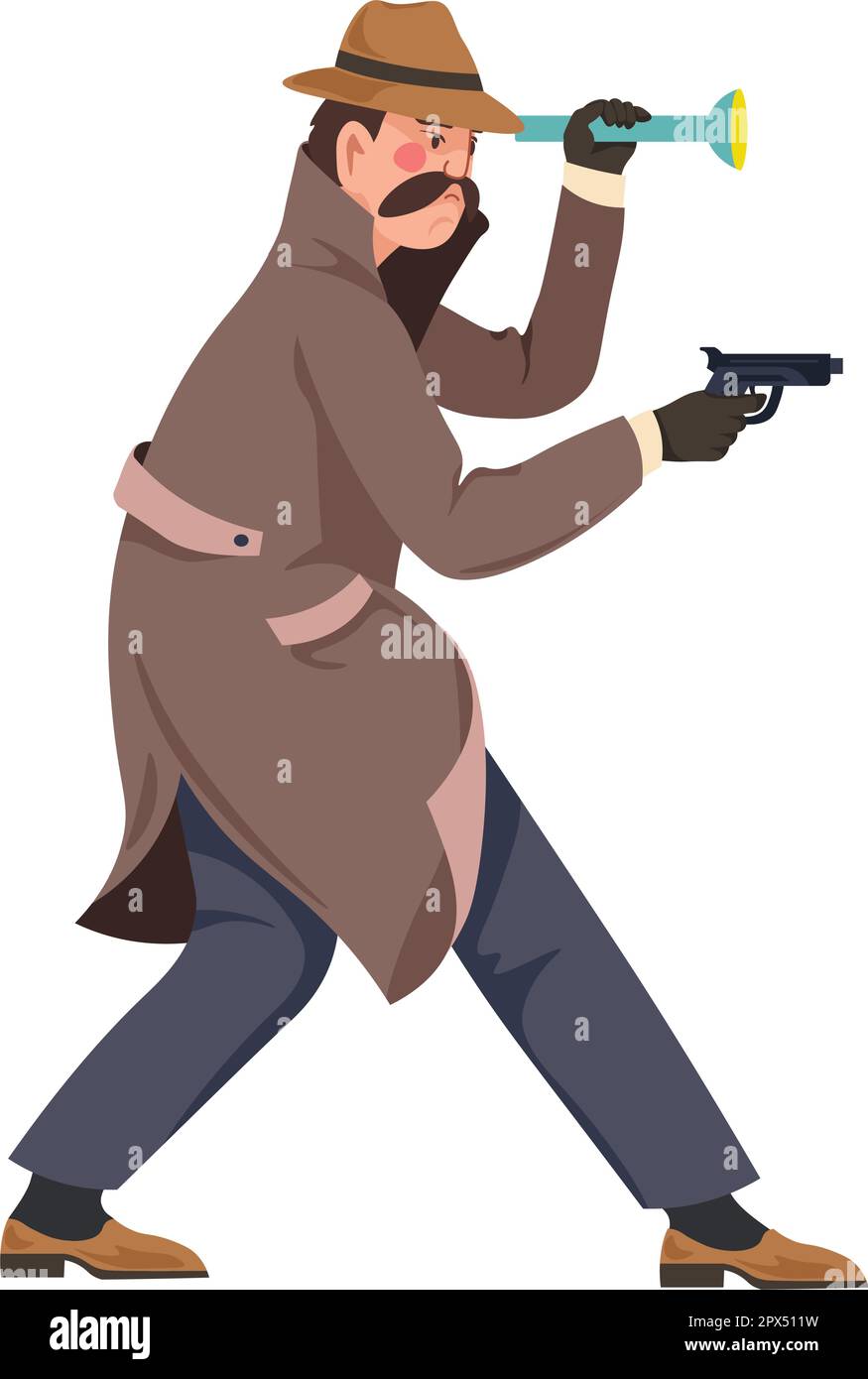 Detective with flashlight and gun, officer at work Stock Vector Image ...