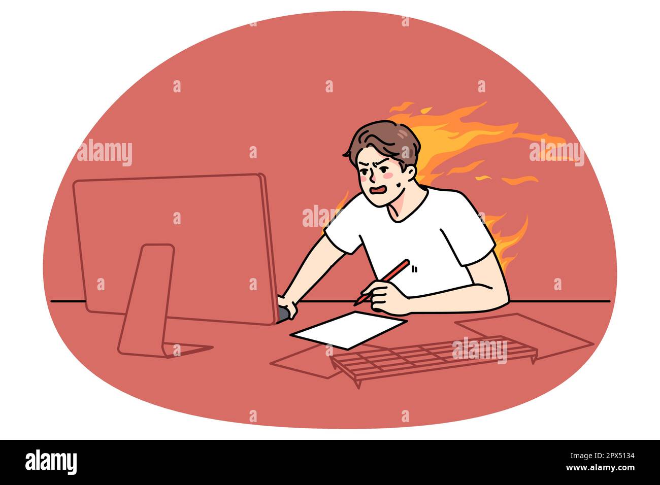 Stressed guy sit at desk work on computer try meet burning deadline ...