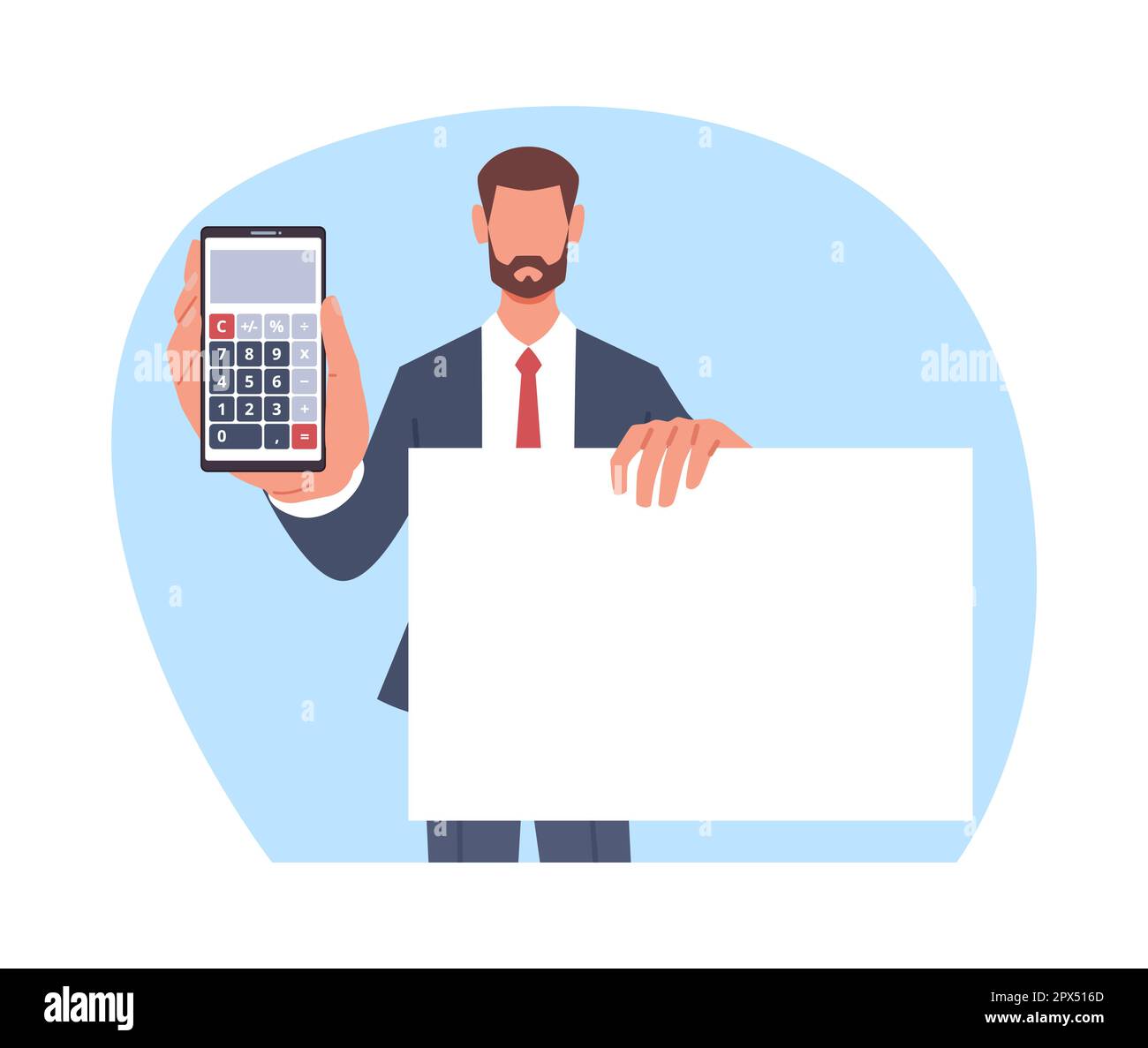 Man businessman holds up and shows digital calculator and blank poster ...