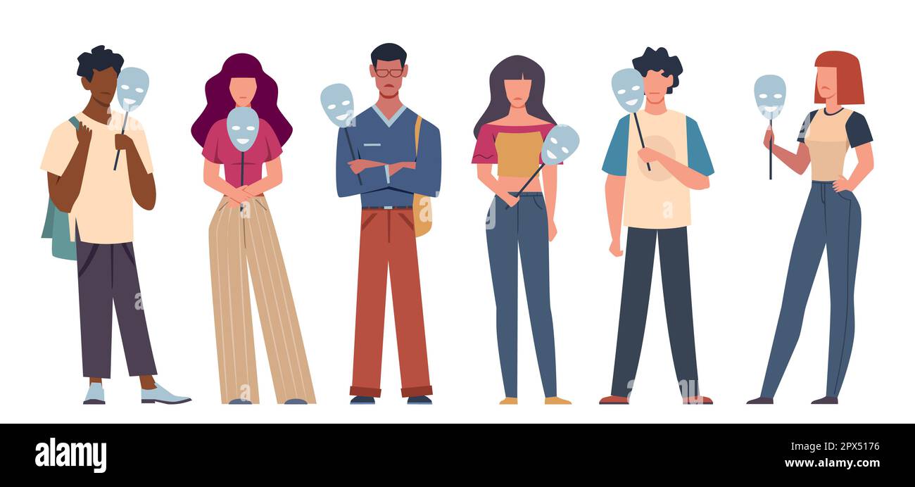 Men and women hiding their faces behind social masks with fake positive ...