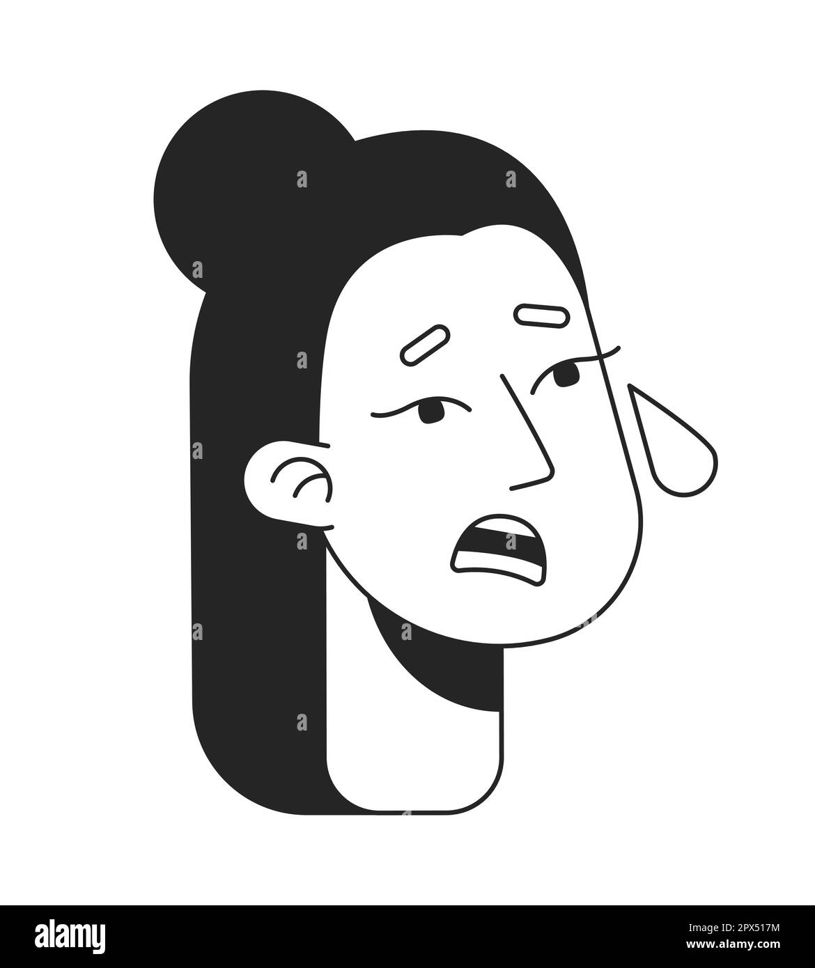 Scared young woman with tears flat line monochromatic vector character ...
