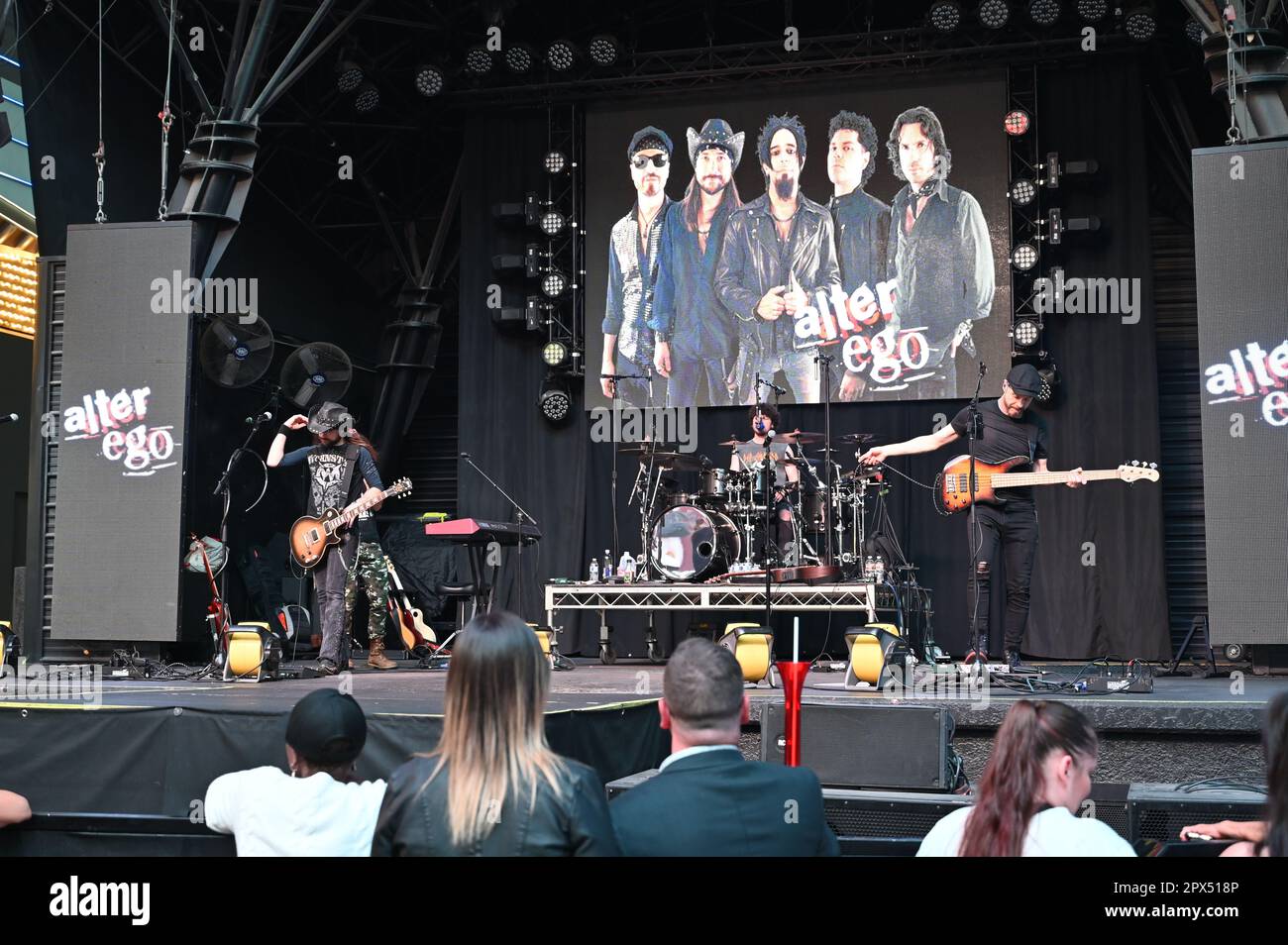 A rock band alter ego on stage at Fremont Street in Las Vegas Stock ...