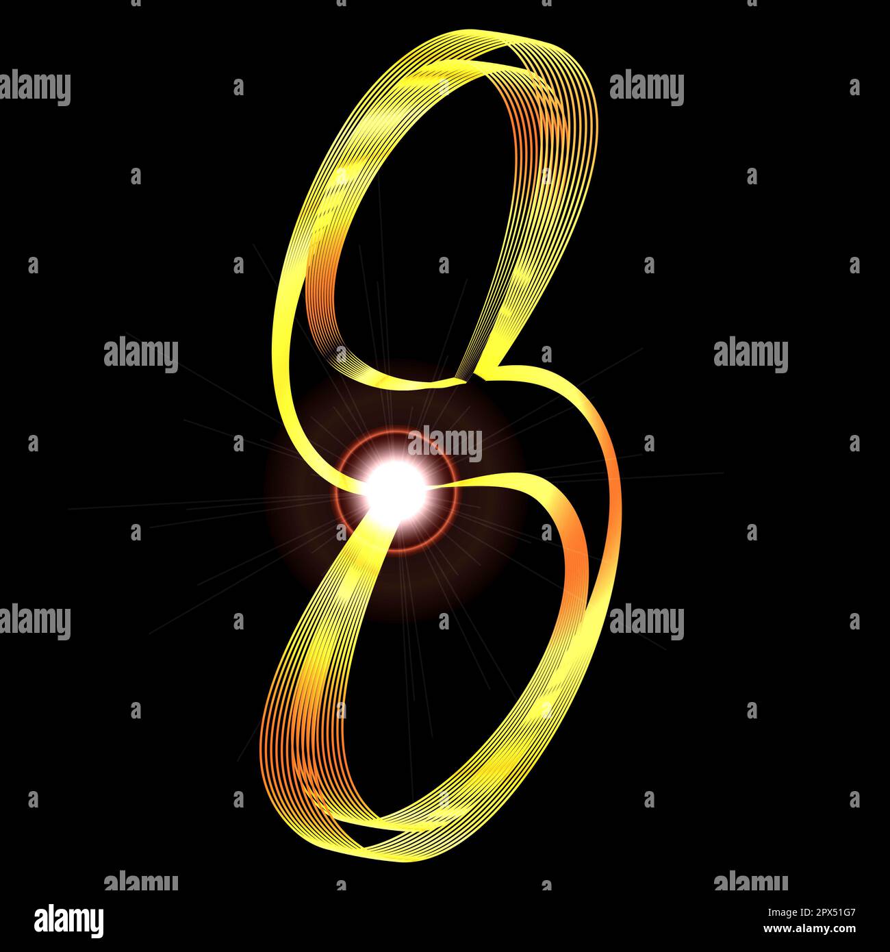 The number eight depicted in fine gold thread over a black background ...