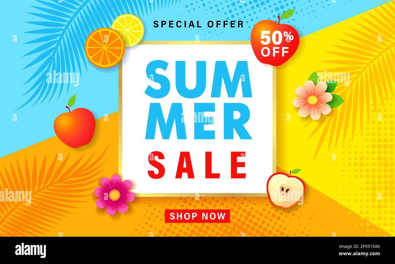 Summer sale banner with beach colors geometric shape, tropic flower ...