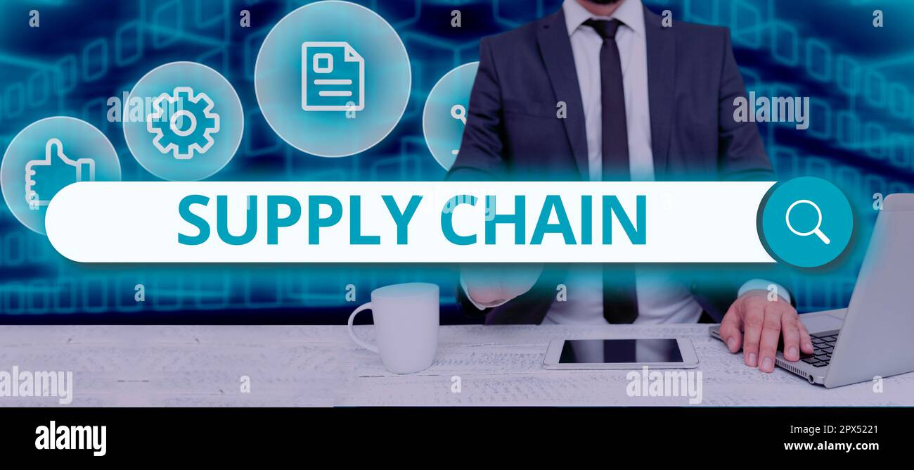 Text sign showing Supply Chain, Word Written on System of organization ...