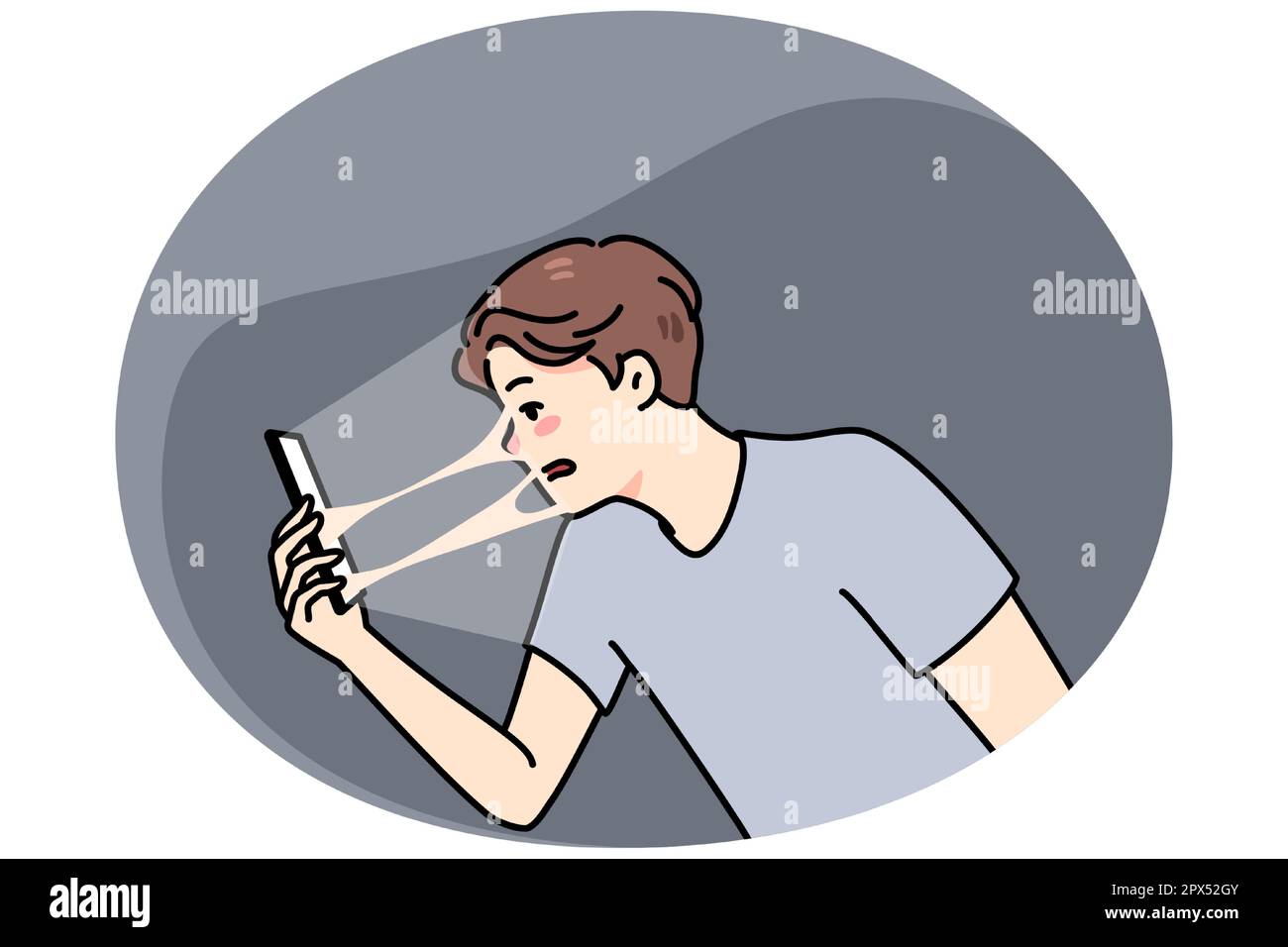 Young guy connected sealed to smartphone suffer from technology ...