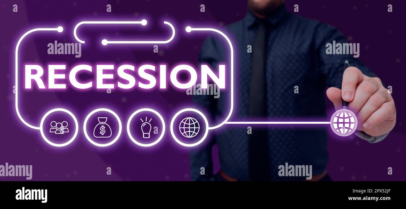 Text caption presenting Recession, Concept meaning the process of progressive decrease in ...