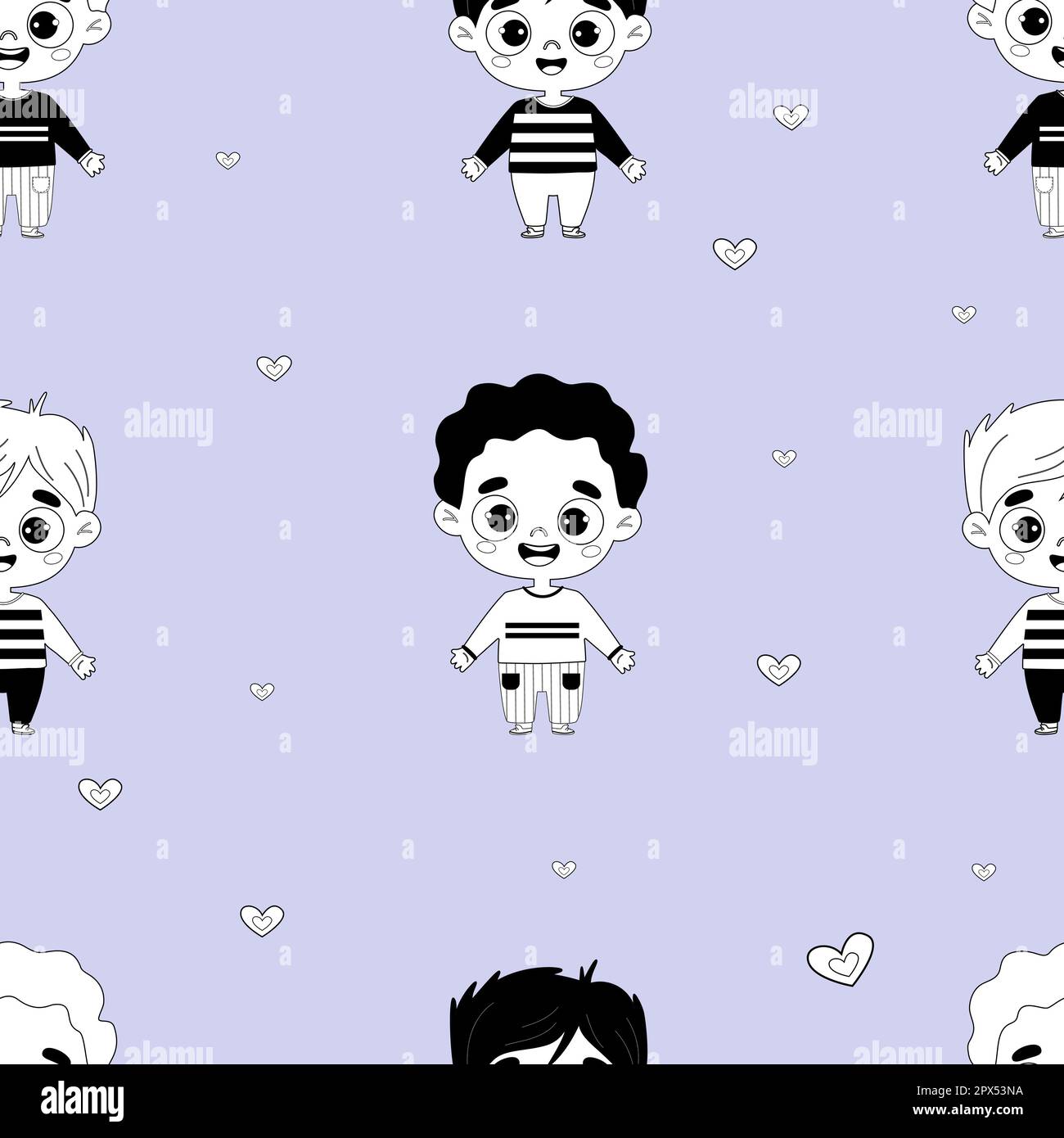 Cute kids seamless pattern. Funny happy boys on purple background ...
