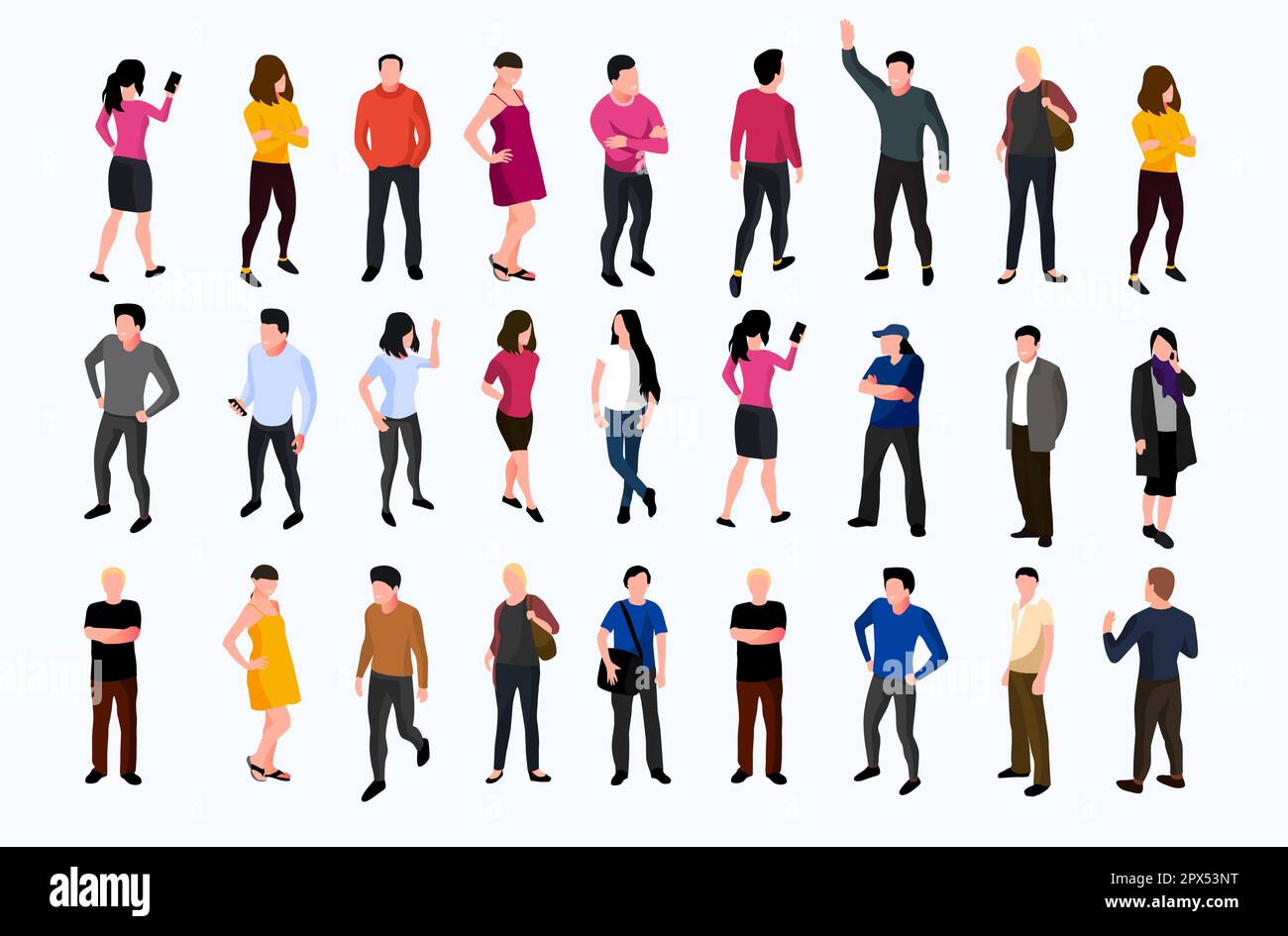 Collection of different standing people isolated on white background ...