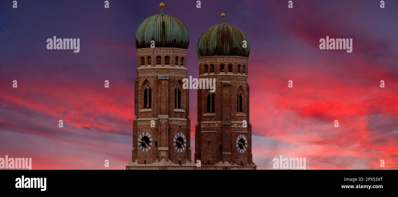 The two towers of the Frauenkirche in the old town of Munich against ...