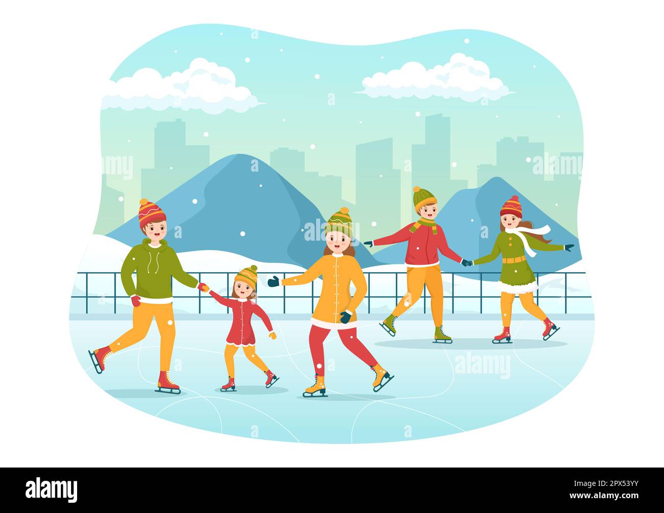 Men, Women and Kids Skating on Ice Rink Wearing Winter Clothes for ...