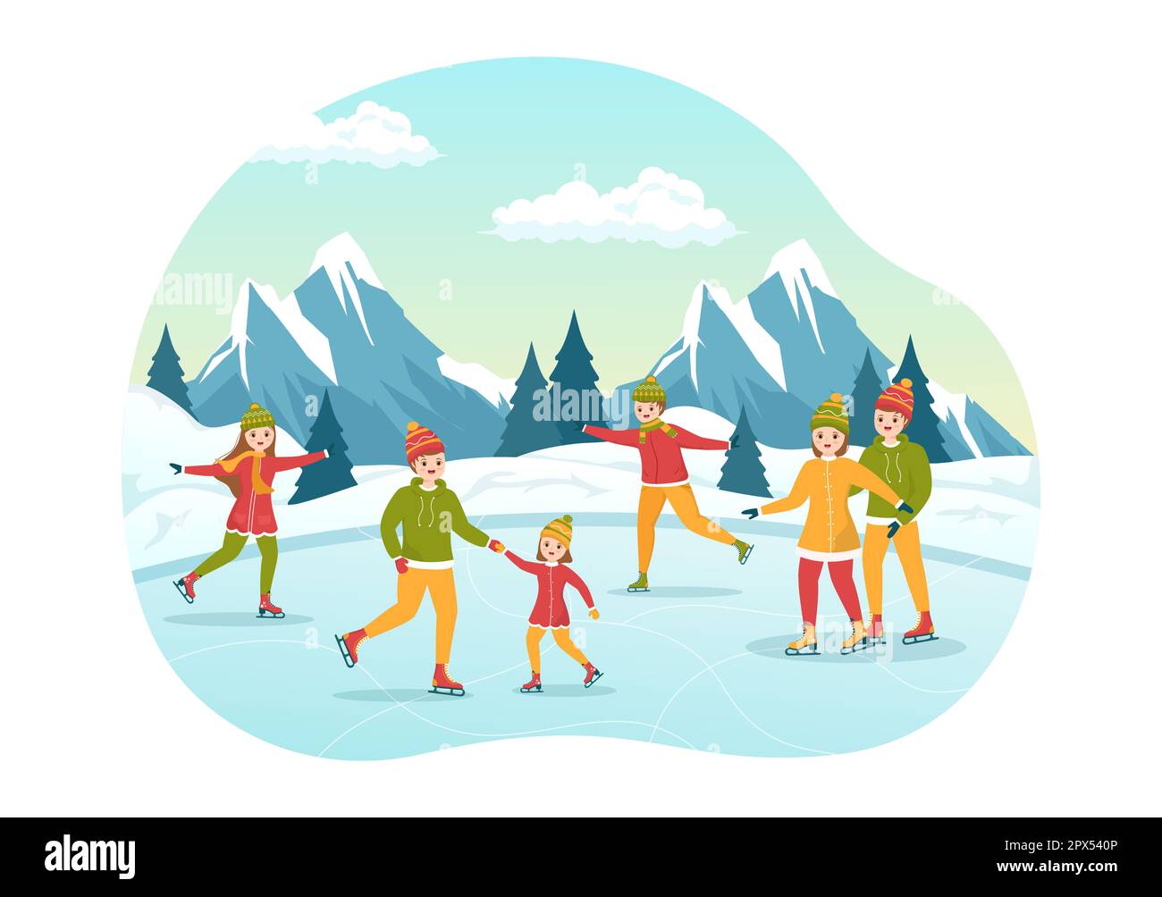 Men, Women and Kids Skating on Ice Rink Wearing Winter Clothes for ...