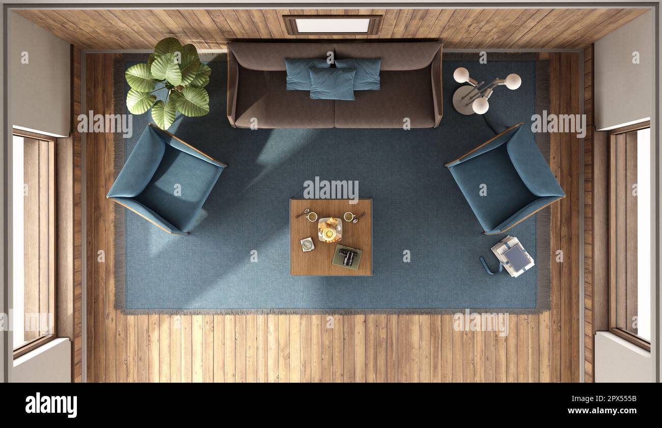 Top view of a modern living room with sofa ,armchairs on carpet and ...