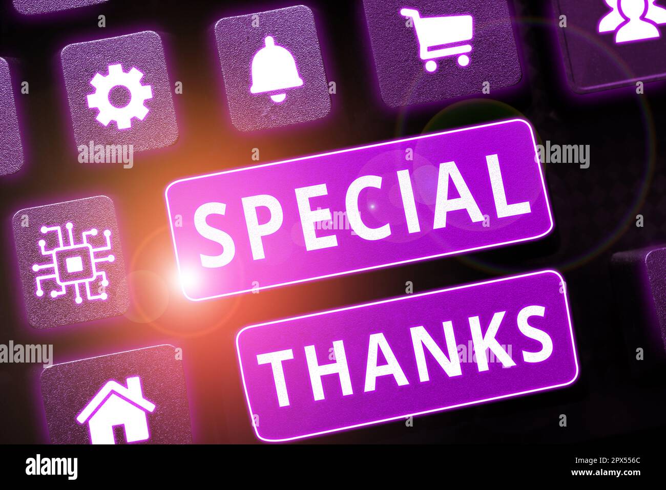 Hand writing sign Special Thanks, Business overview expression of ...