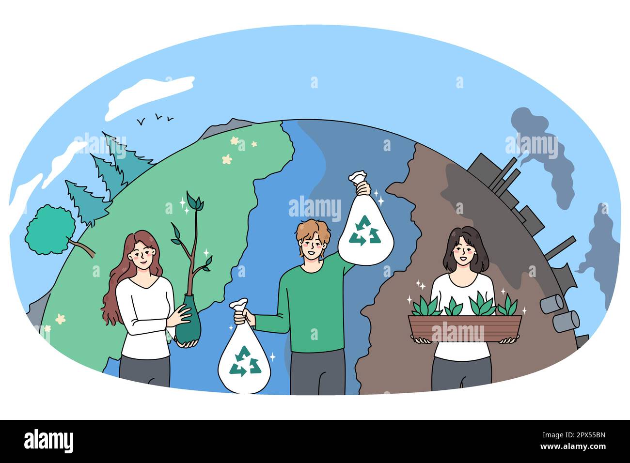 Smiling diverse volunteers clean planet from pollution and waste take ...