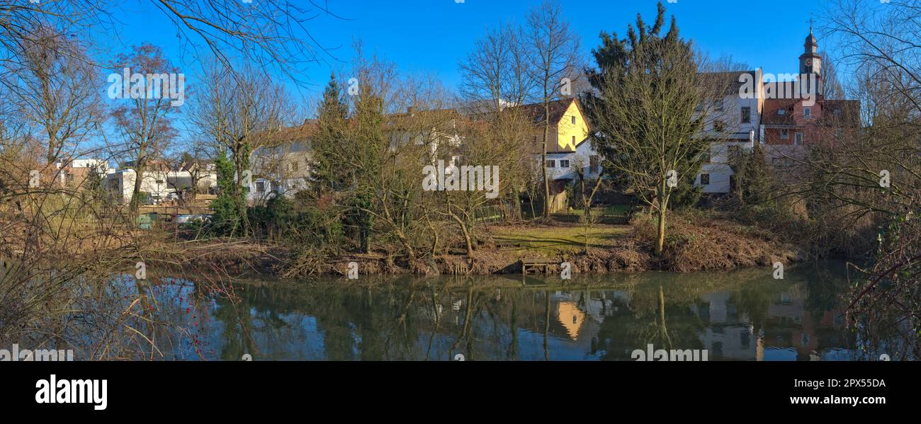 The riverbank of the Nidda in an old village center in Frankfurt am ...