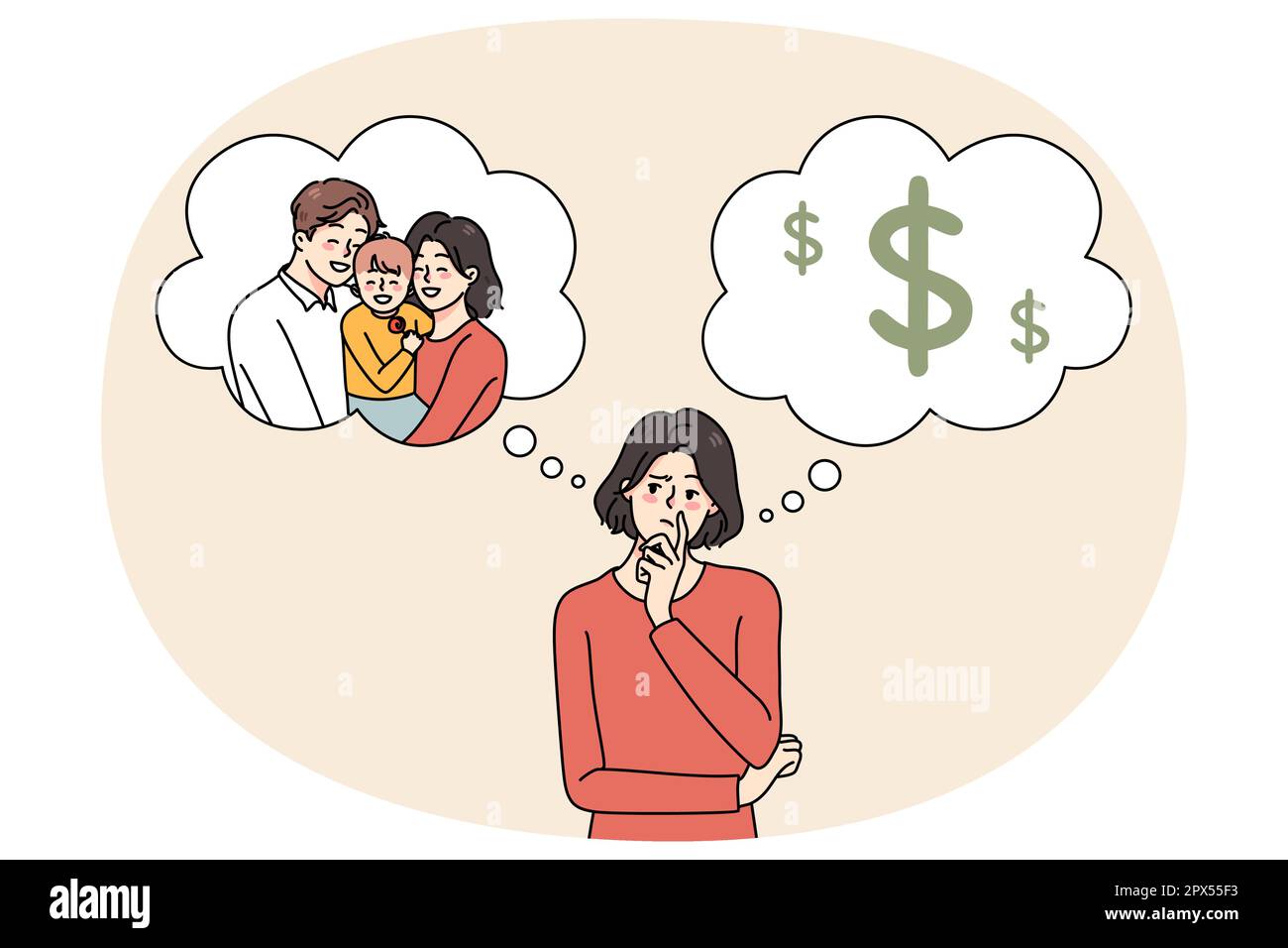 Confused young woman think of life plan, make choice between money and ... Confused young woman think of life plan, make choice between money and ...