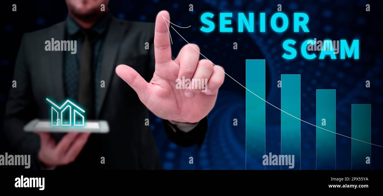 Text caption presenting Senior Scam, Business overview fraud schemes ...