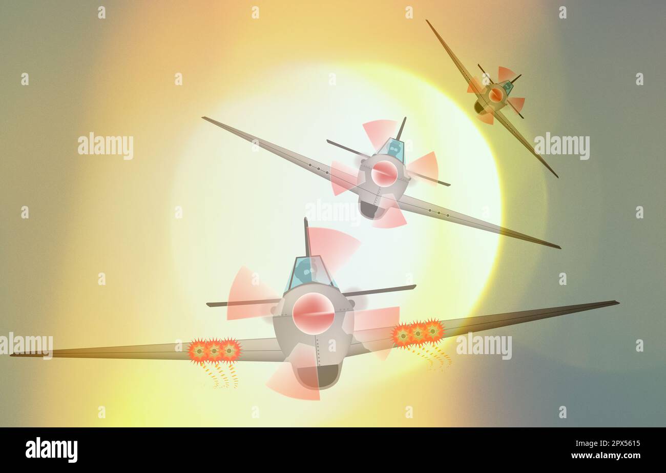A trio of WW2 style fighter aircraft diving out of the sun Stock Photo ...