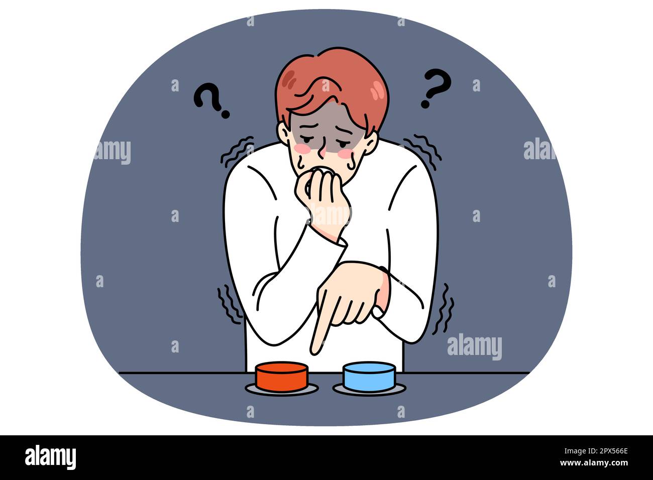 Distressed young man choose button to press feel confused and anxious ...