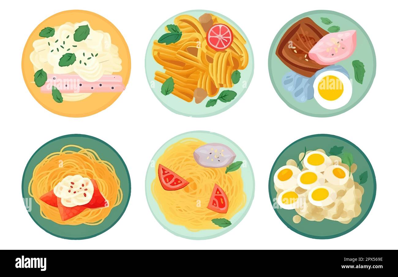 set vector illustration of homemade big spaghetti dishes isolated on ...