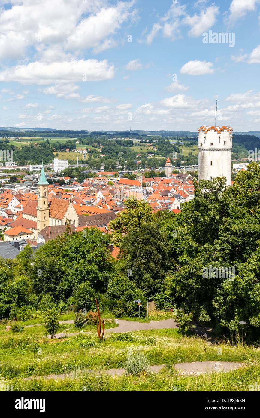 View of Ravensburg city from above top view with Mehlsack Turm tower ...