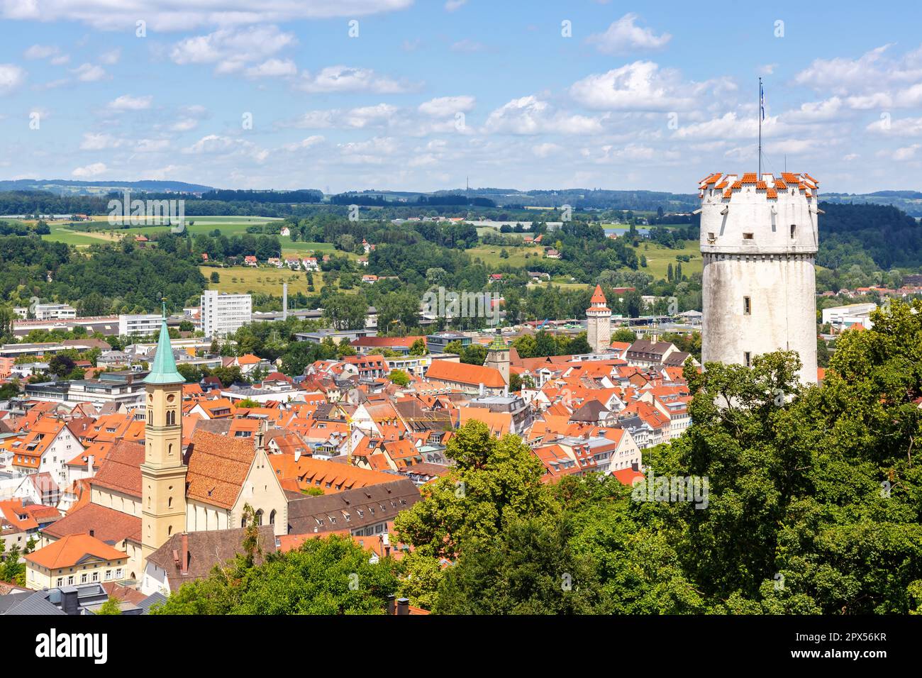 View of Ravensburg city from above top view with Mehlsack Turm tower ...