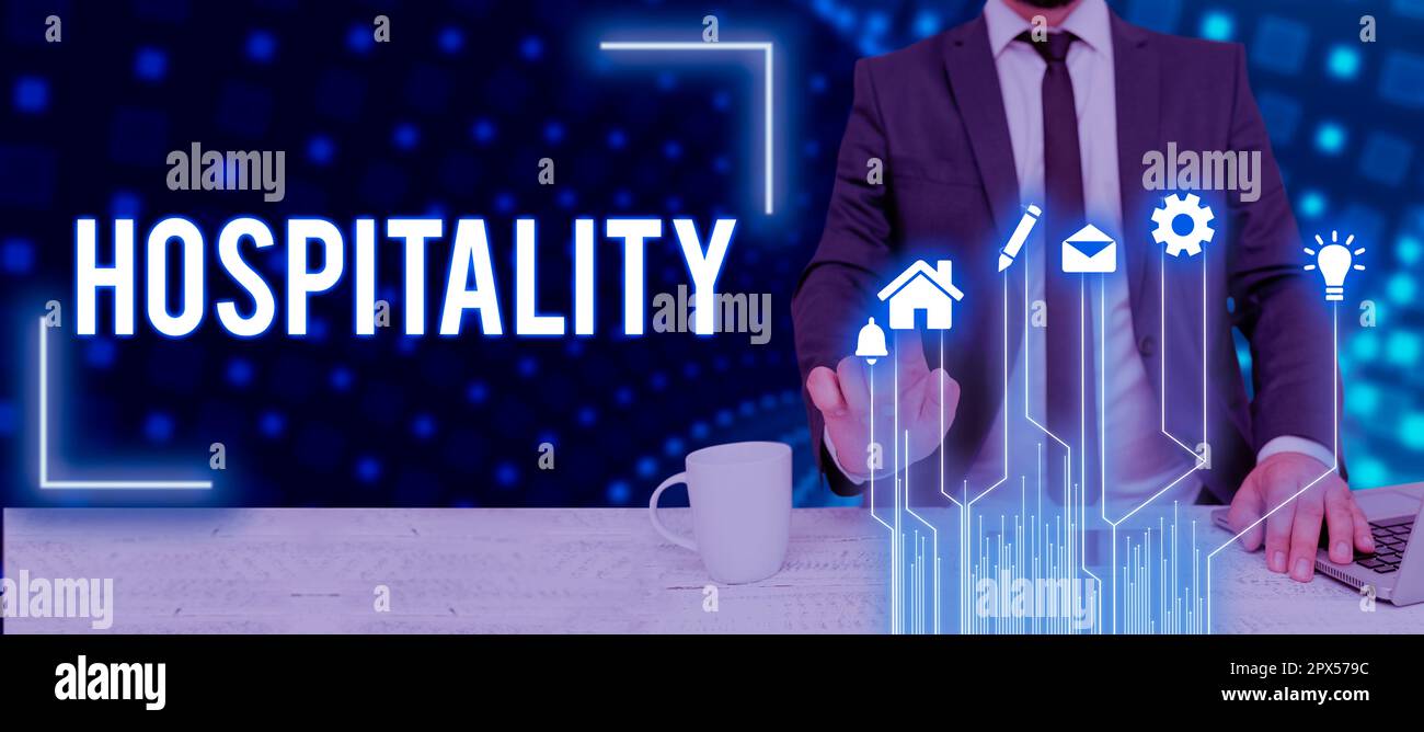 Hand writing sign Hospitality, Business approach the friendly and ...