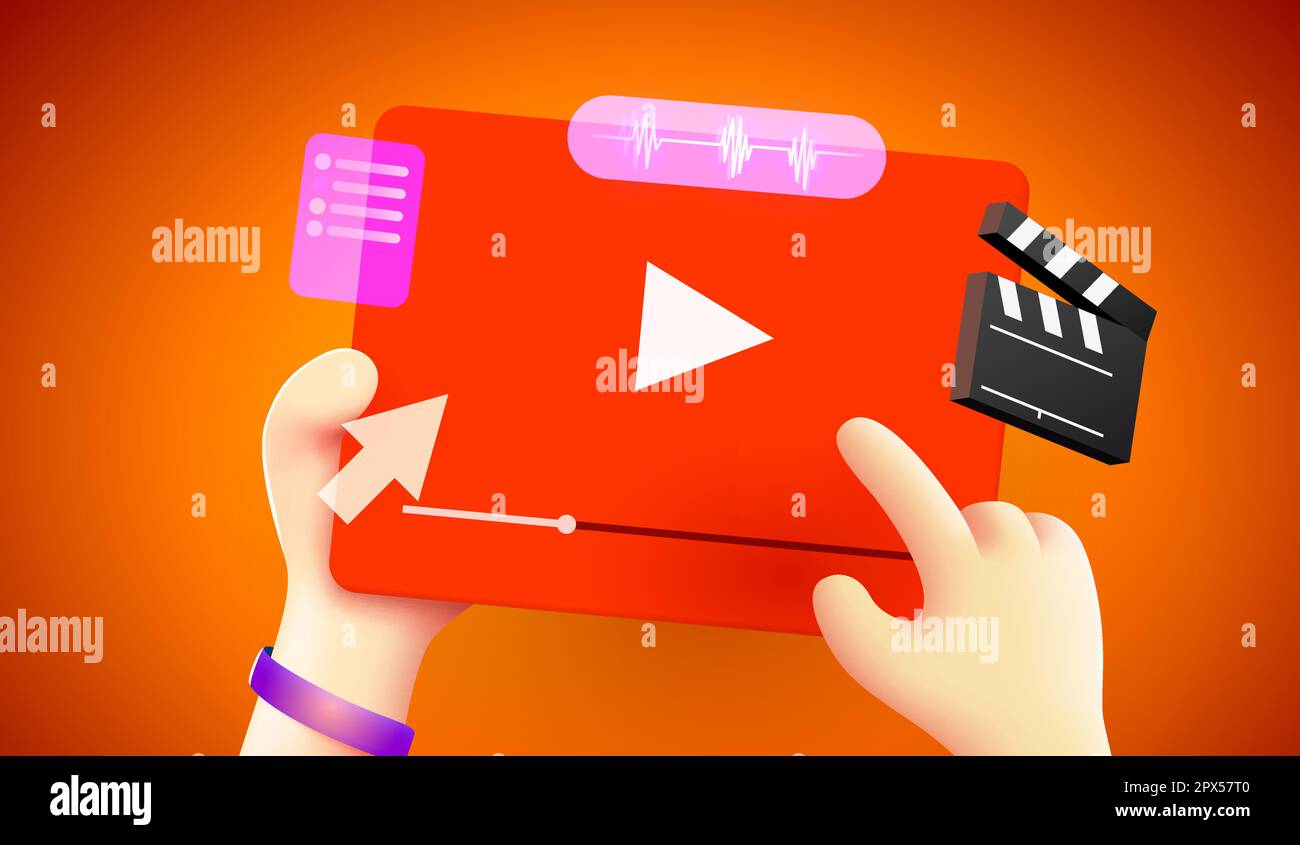 Cute 3d hands are holding a video player. Video editing concept. Vector ...