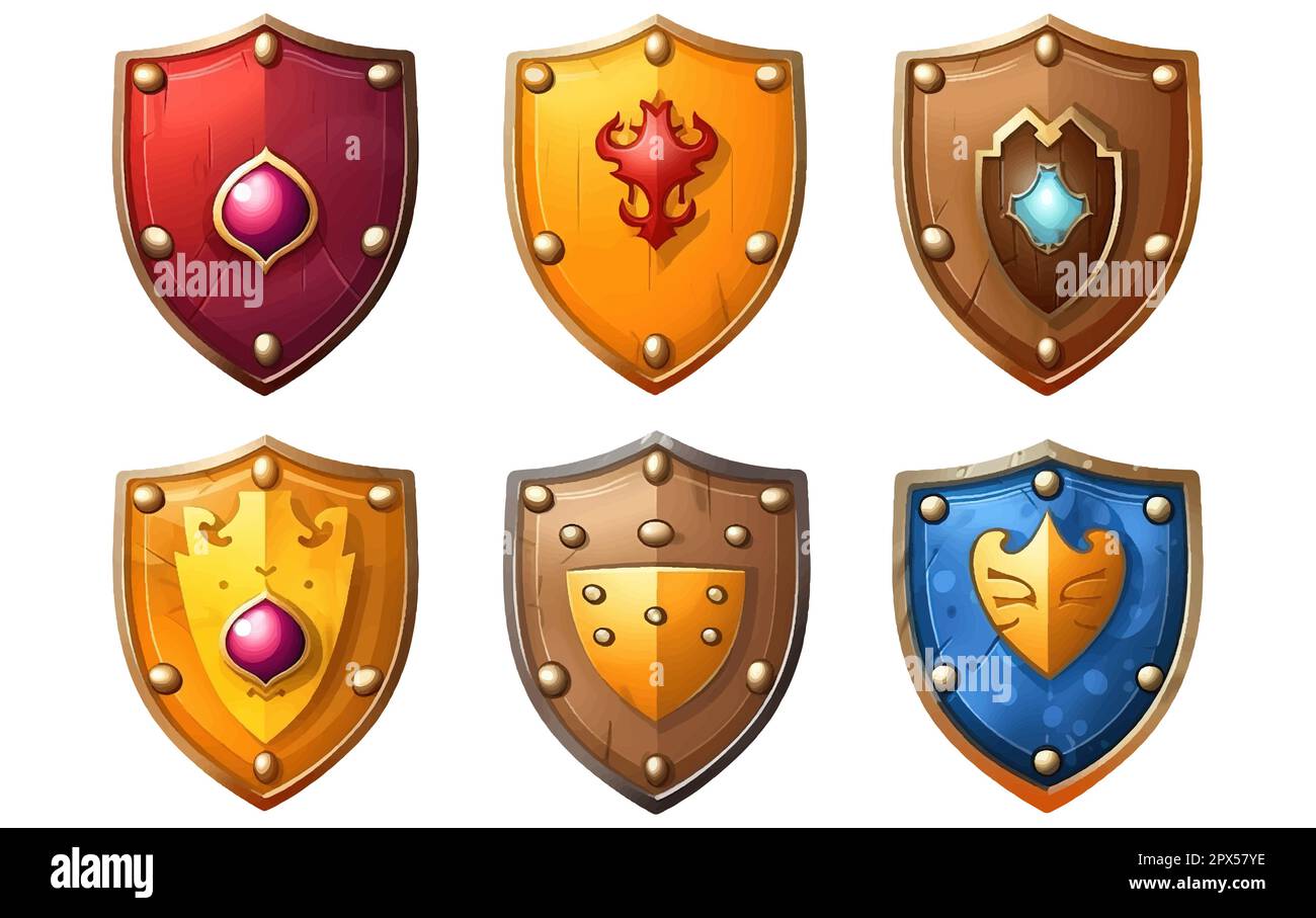 set vector illustration of shield multi colored with stone gem isolate ...