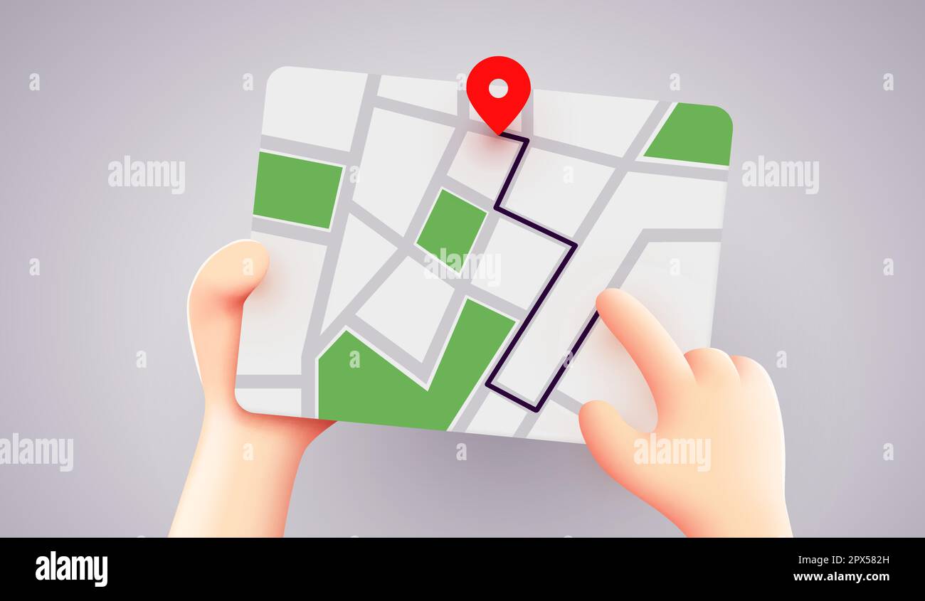 Cute 3d hands holding map. Navigation concept. Vector illustration ...