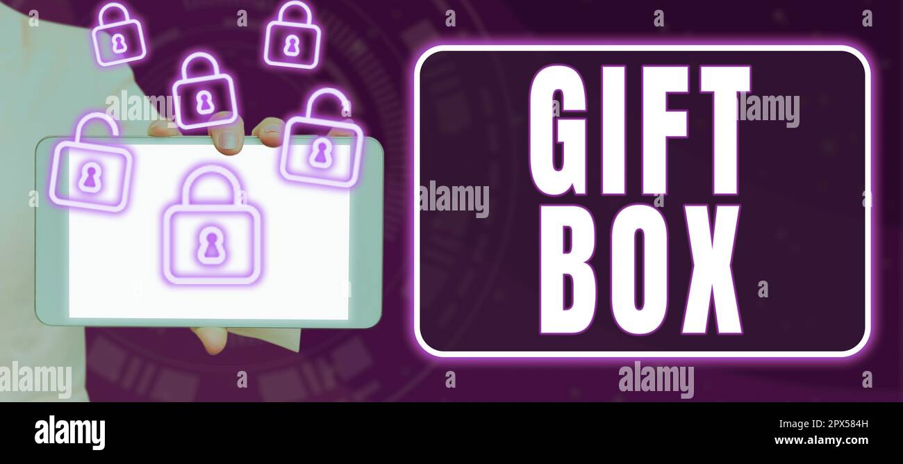 Sign displaying Gift Box, Business overview A small cointainer with ...