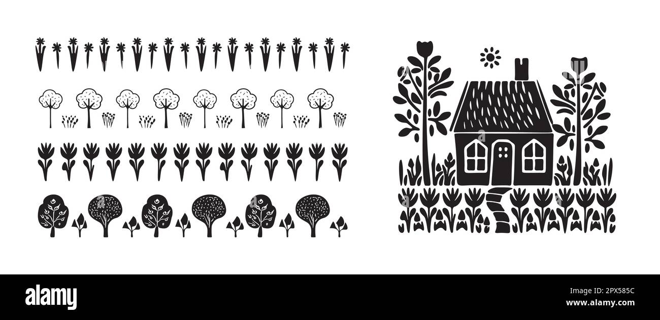 Quirky house with group of forest borders in vector motif organic style ...