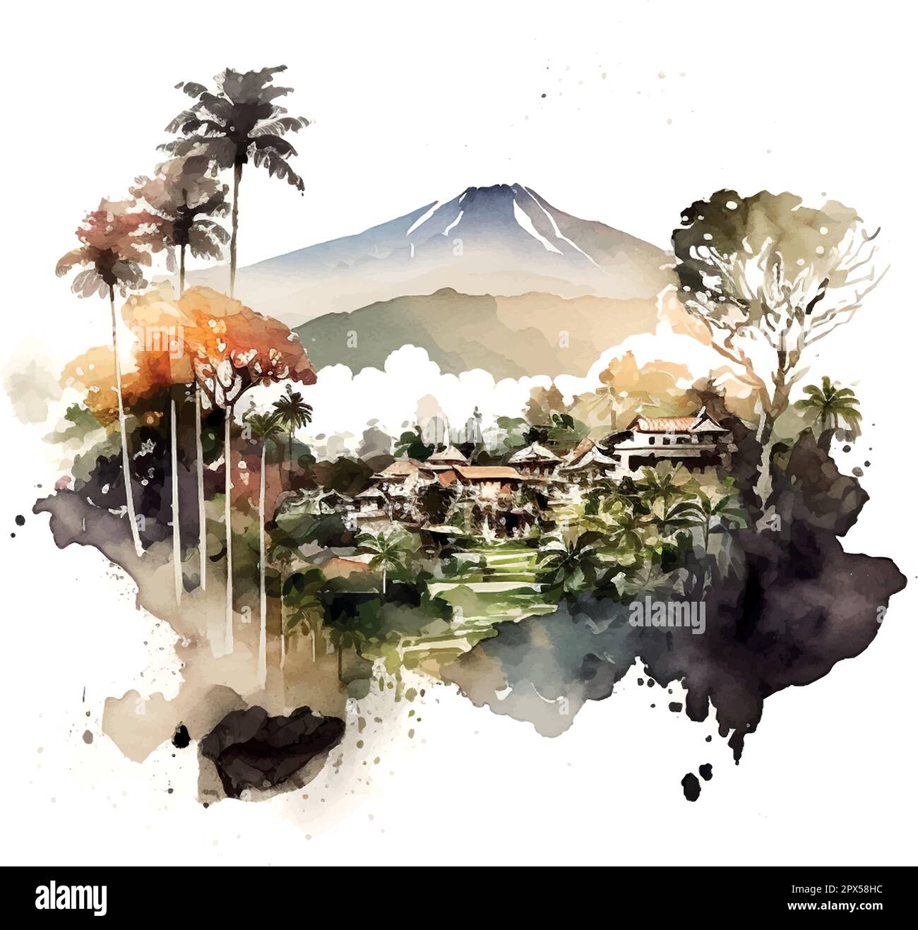 Scenic landscape bali watercolor. Art design. Tropical background ...