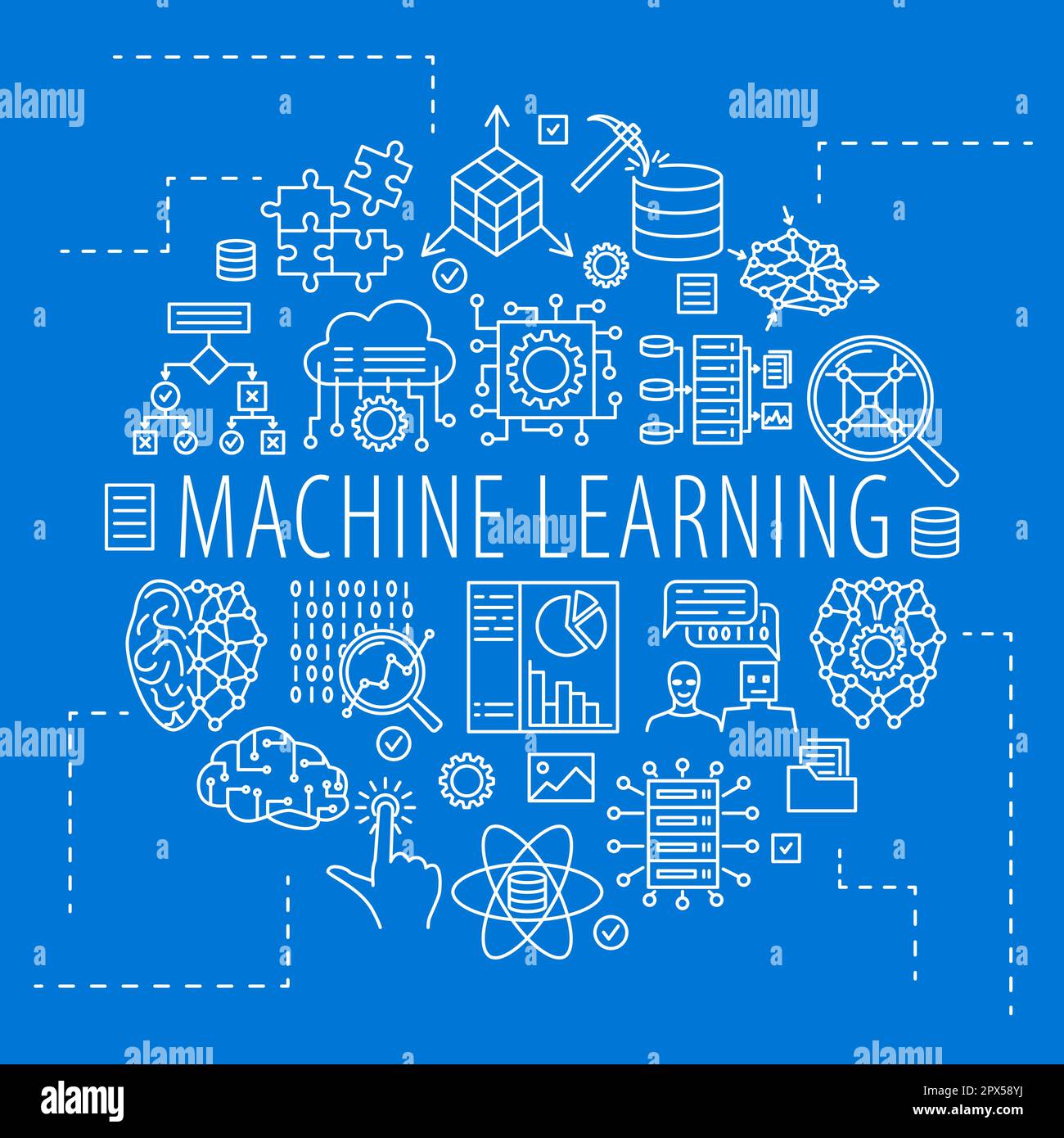 Machine learning and data science round banner in line style. Vector ...